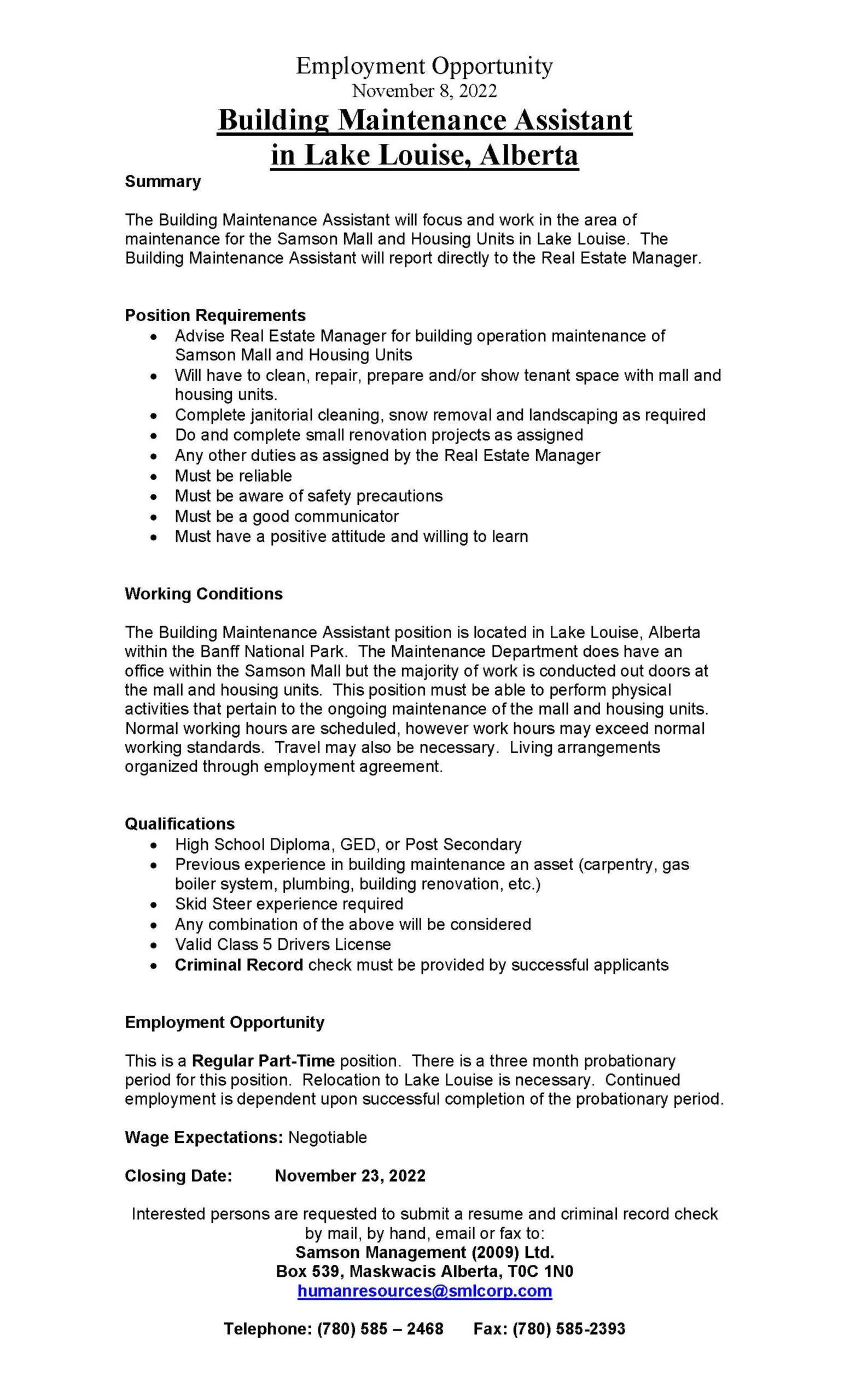 LL Maintenance Assistant Posting | Samson Management Ltd.